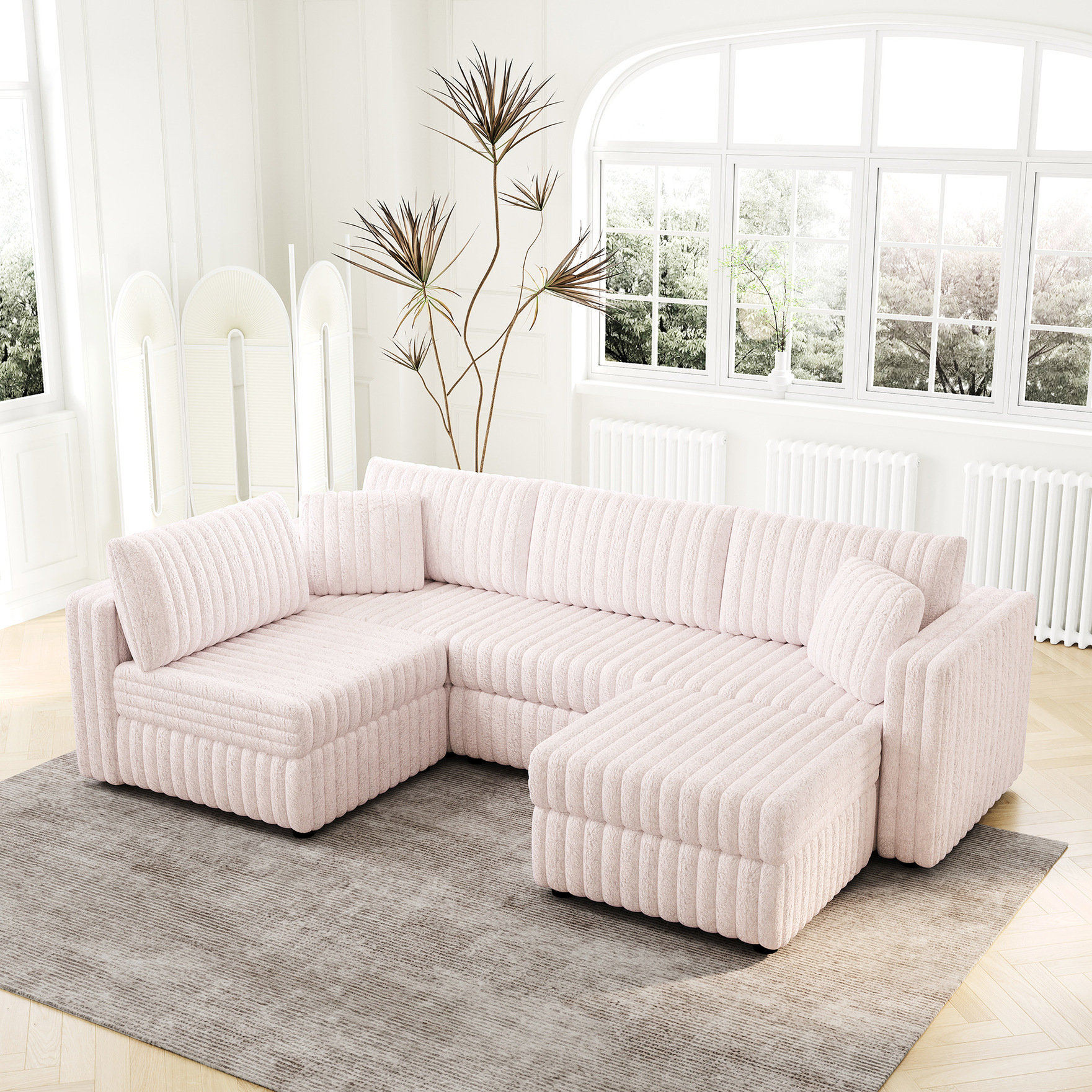 Everly Quinn 106.3" Pink U-shaped . Chic & Comfortable. With Hydraulic Lift. For Bedroom Living ...
